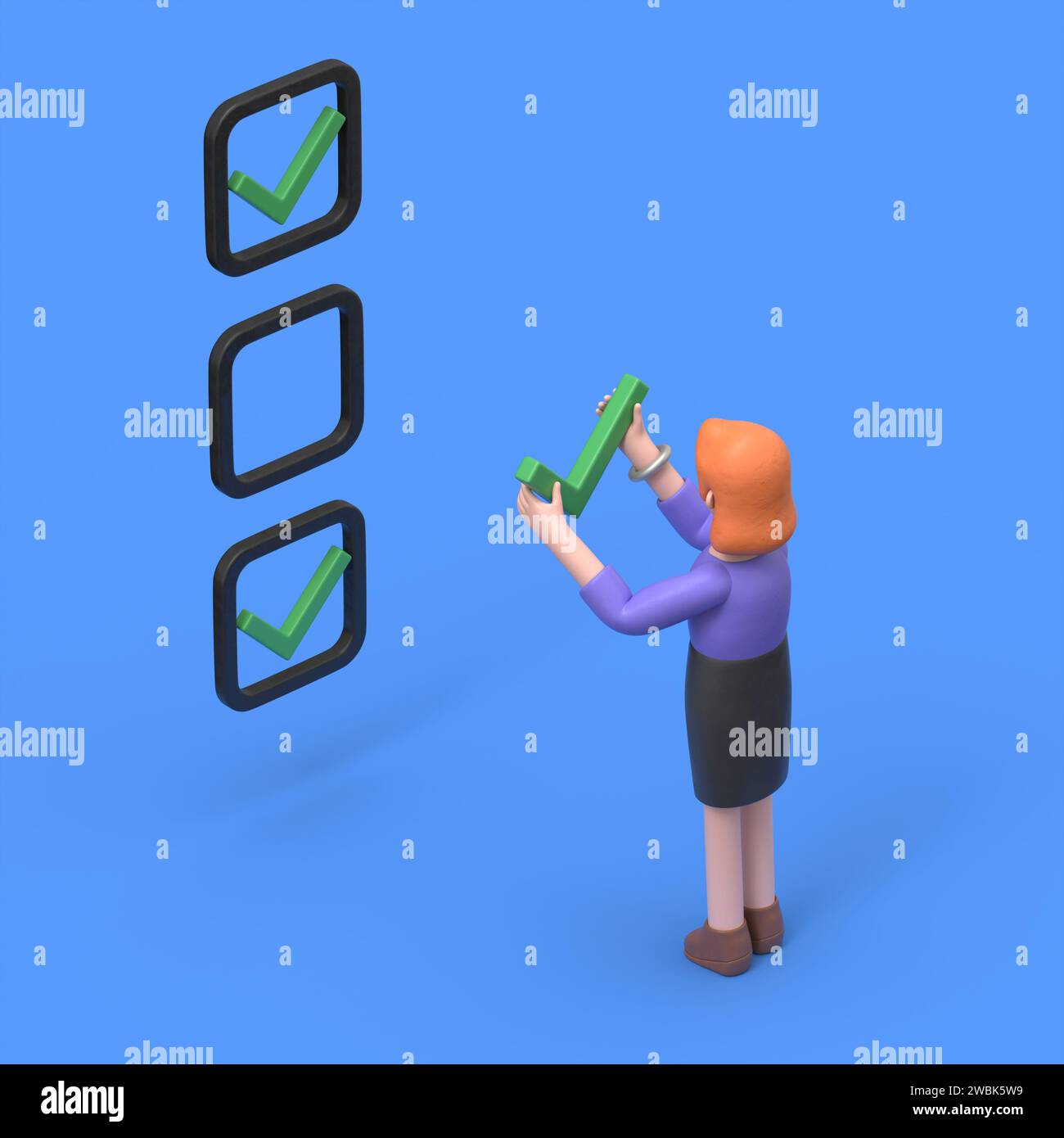 3D illustration of Asian man Felix putting check mark in the box ...
