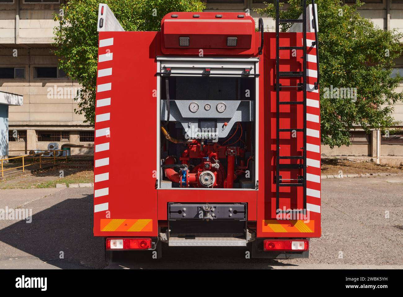 Close-up of essential firefighting equipment on a modern firetruck ...
