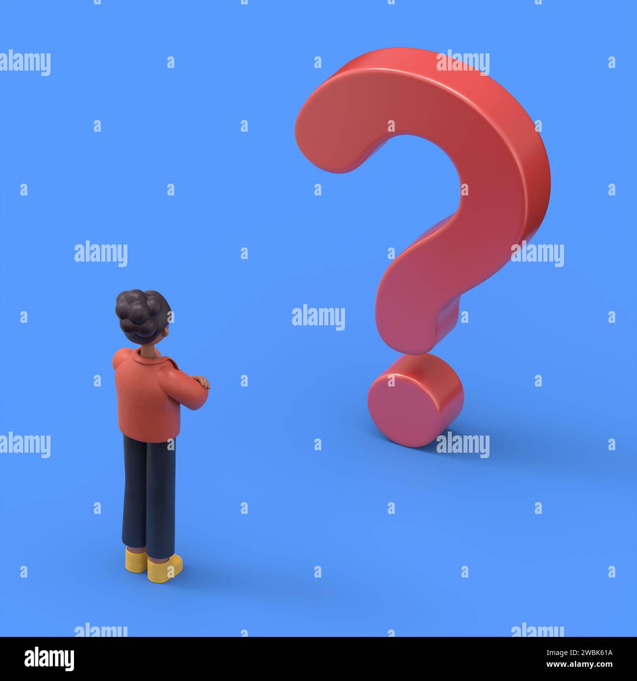 3D illustration of Asian man Felix faces a big red question mark ...