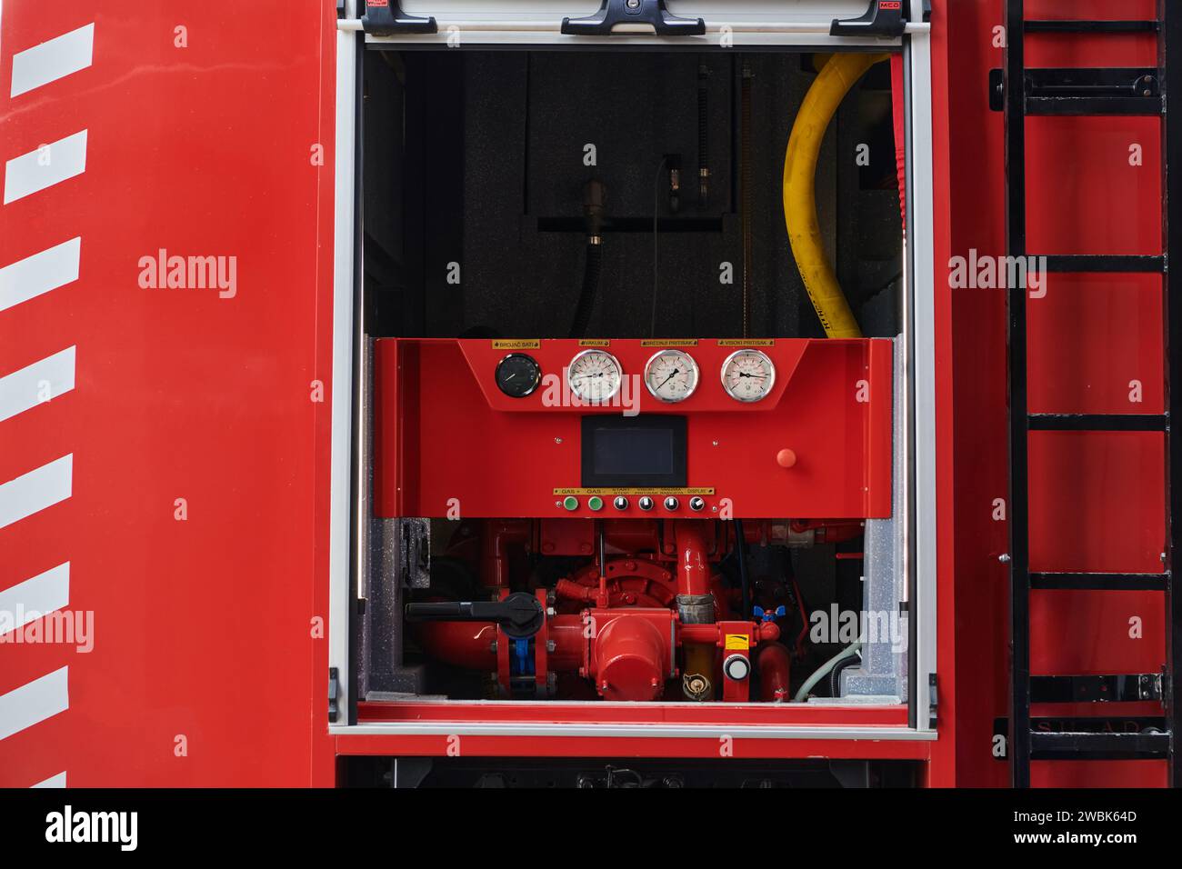 Close-up of essential firefighting equipment on a modern firetruck ...