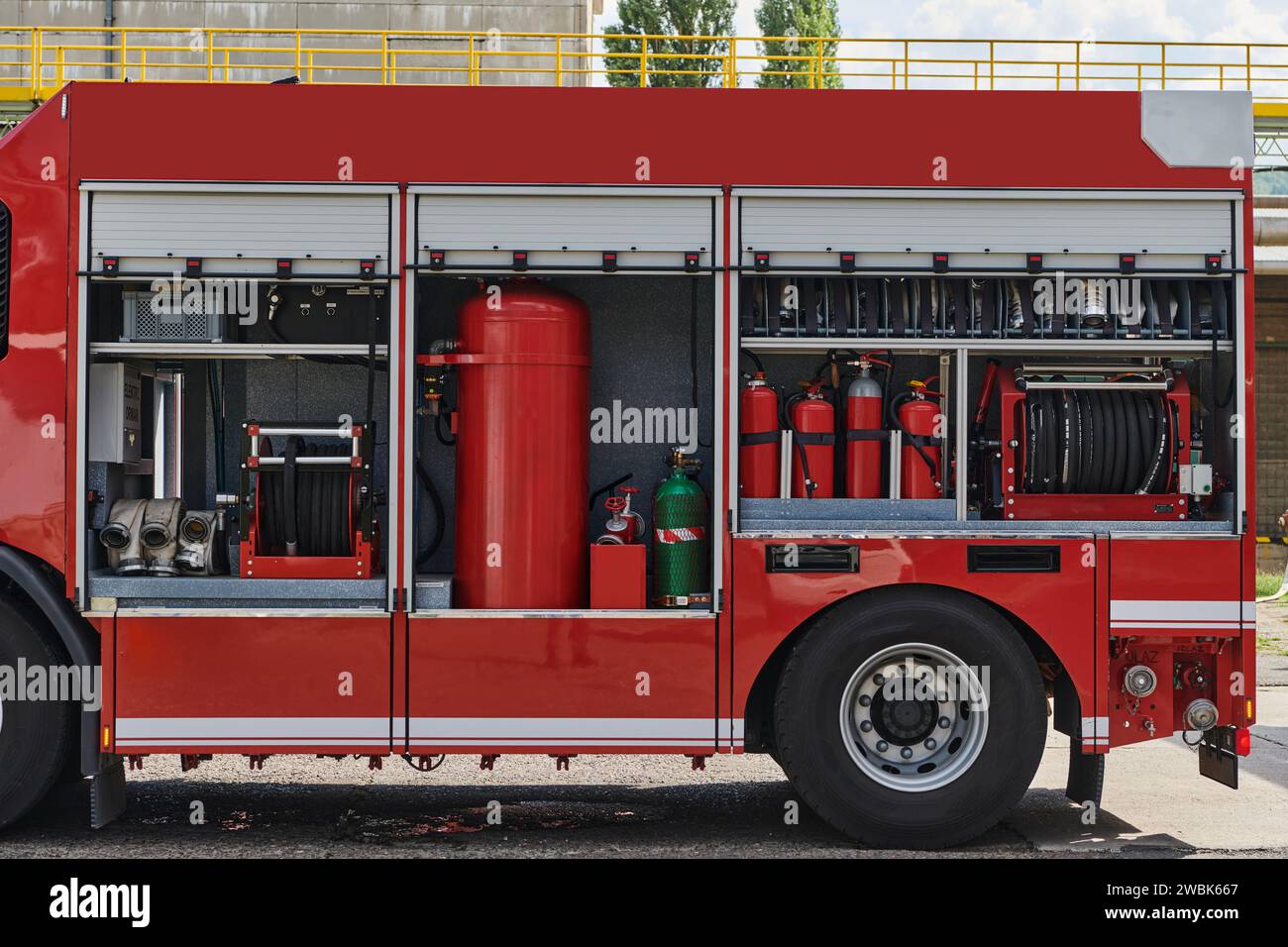 Close-up of essential firefighting equipment on a modern firetruck ...