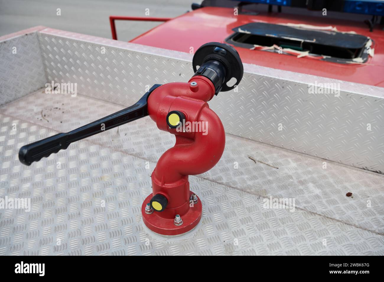 Close-up of essential firefighting equipment on a modern firetruck ...