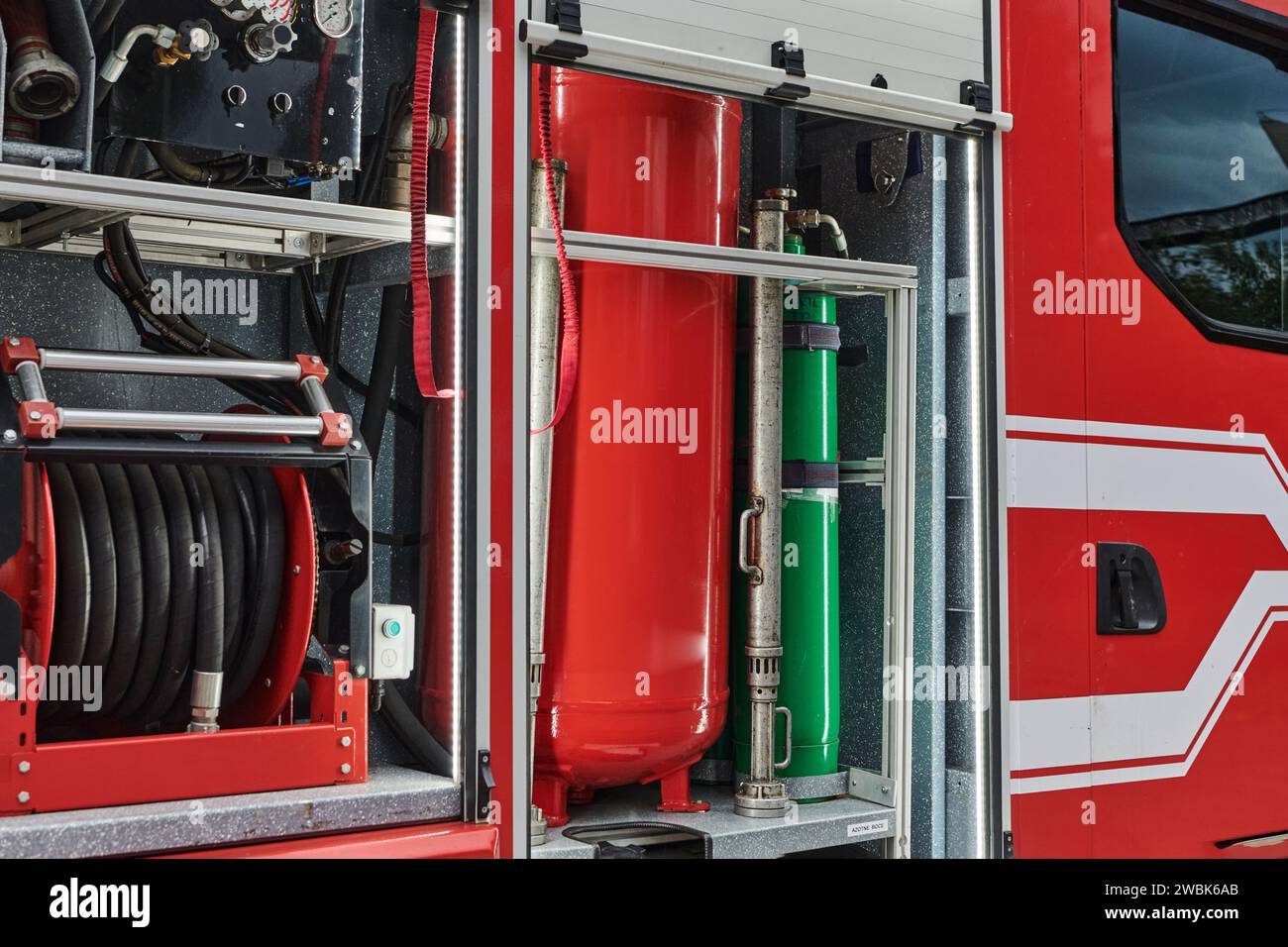 Close-up of essential firefighting equipment on a modern firetruck ...
