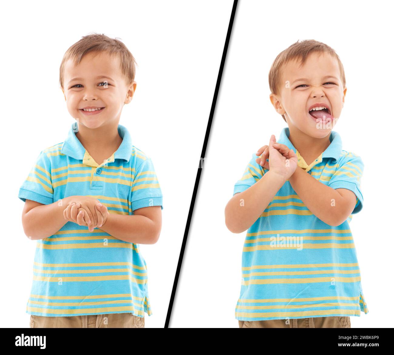 Child, two personality and mood happy or naughty boy in studio, white ...