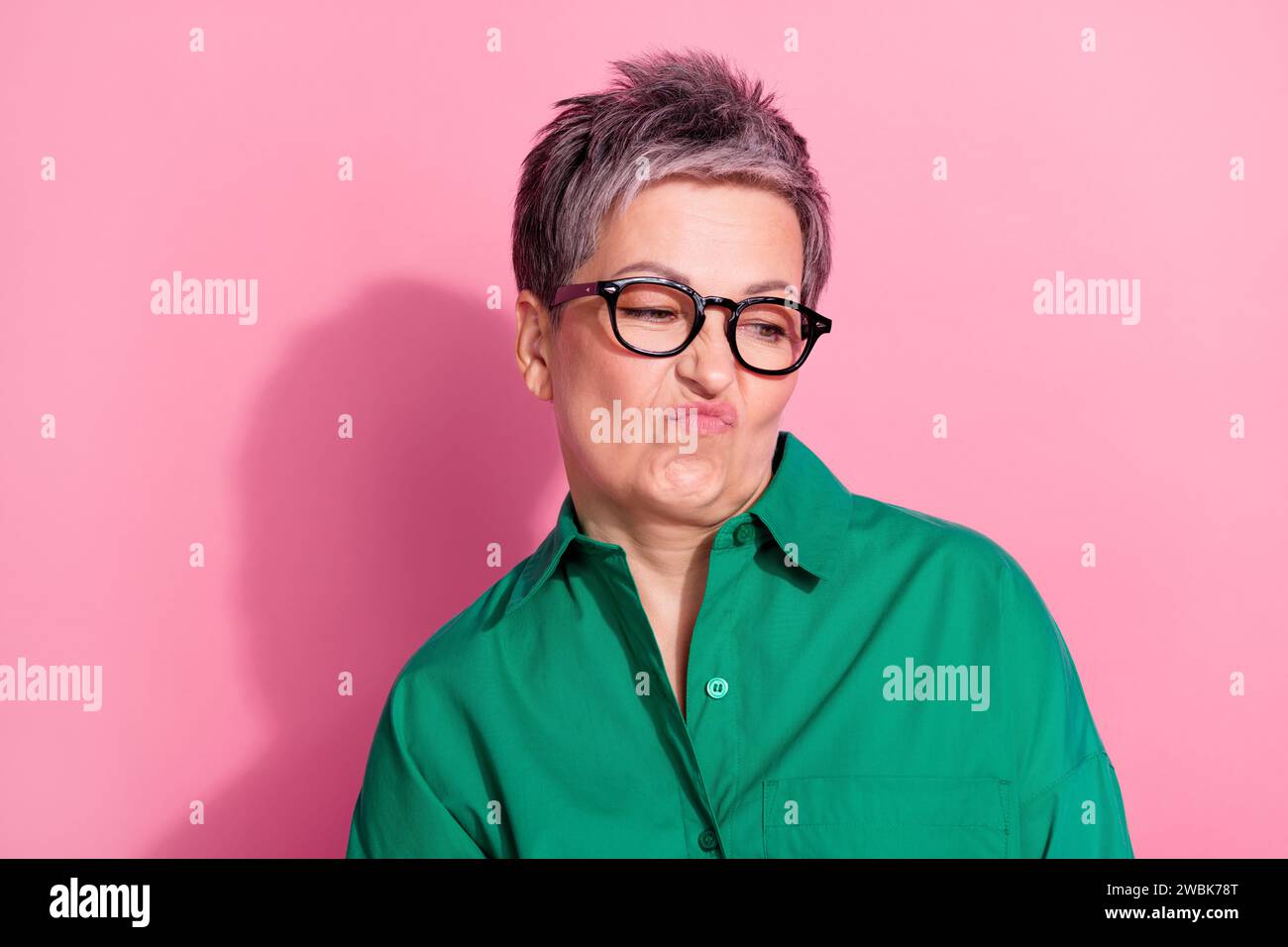 Photo portrait of lovely senior lady look disgusted wry face empty ...