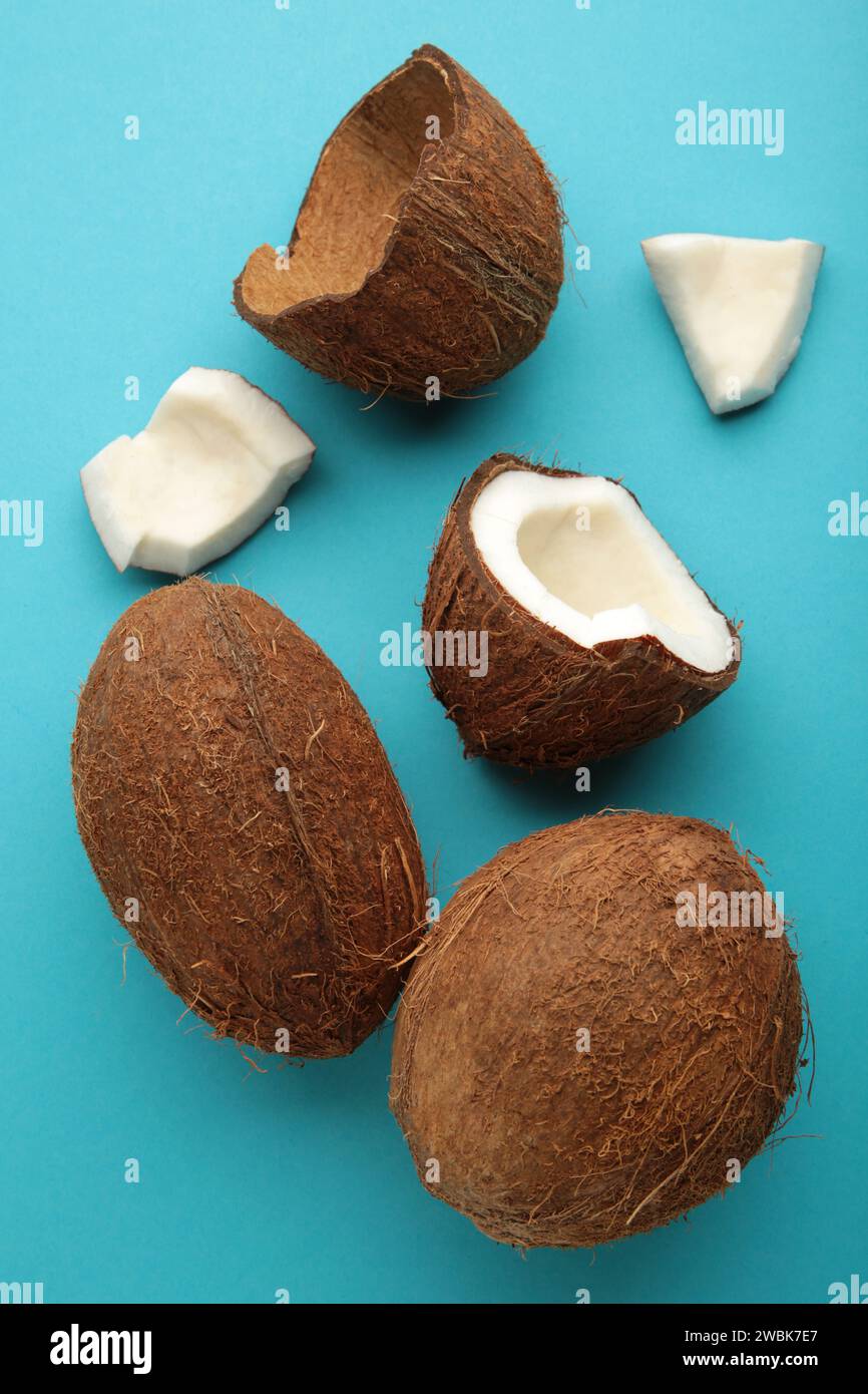 Coconut on a blue background. Halves and whole coconuts. Vertical photo ...