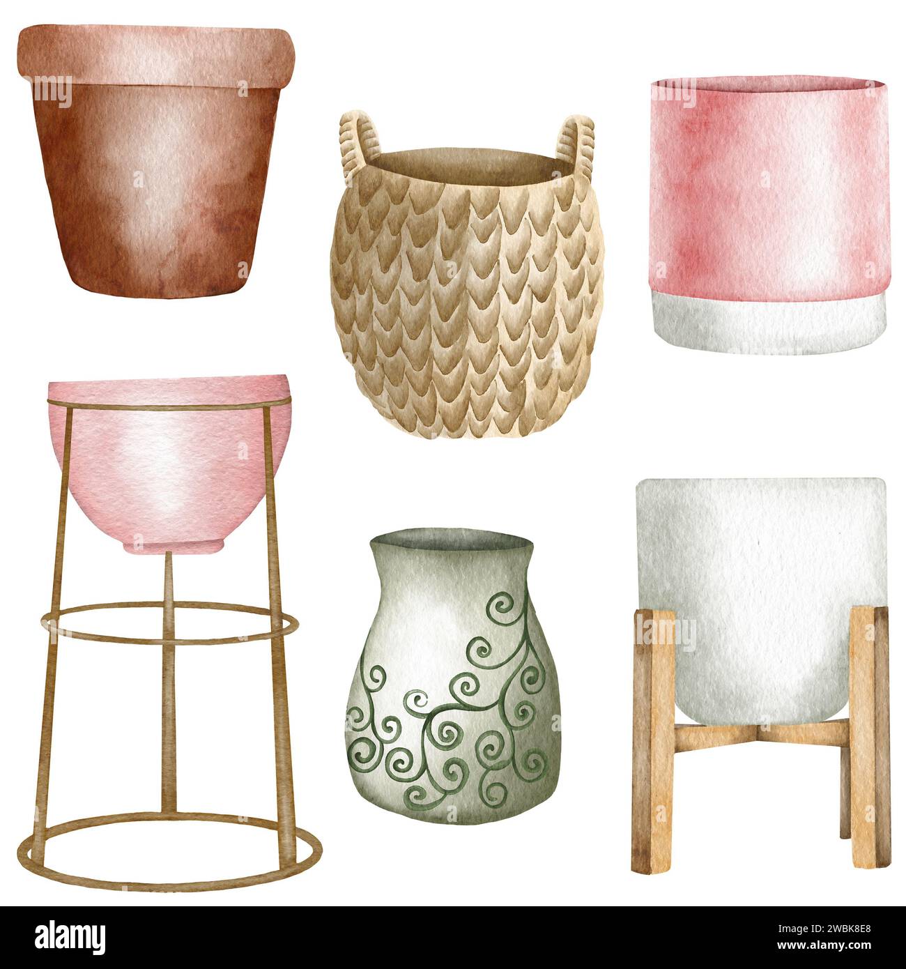 Set of watercolor flower pots. Modern pots collection Stock Photo - Alamy