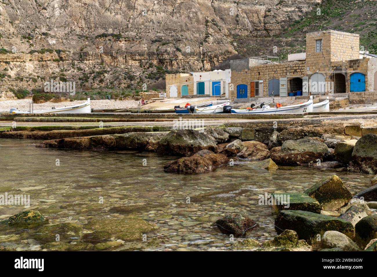 Dwejra, Malta - 19 December, 2023: colourful fishing village and boats ...