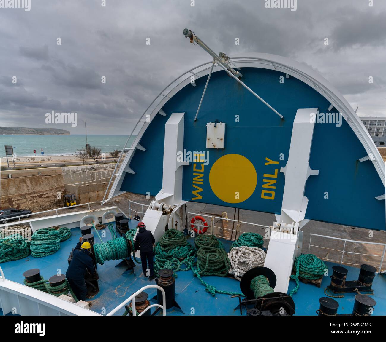 Mgarr, Malta - 18 December, 2023: deck hands remove the bow lines and ...