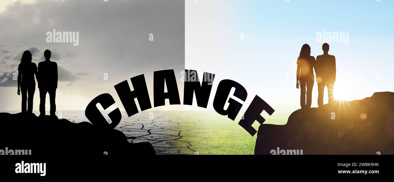 Change from one cliff to another with the word CHANGE Stock Photo - Alamy
