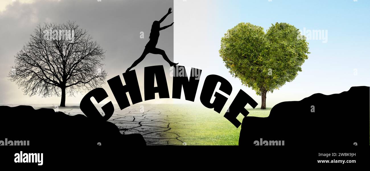 Change from one cliff to another with the word CHANGE Stock Photo - Alamy