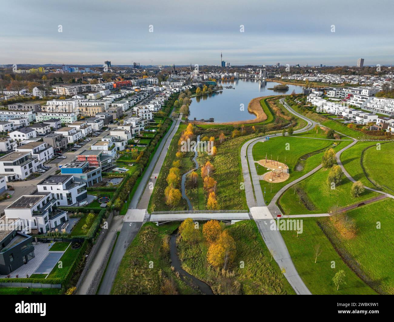 Dortmund, North Rhine-Westphalia, Germany, Phoenix Lake, pedestrian ...