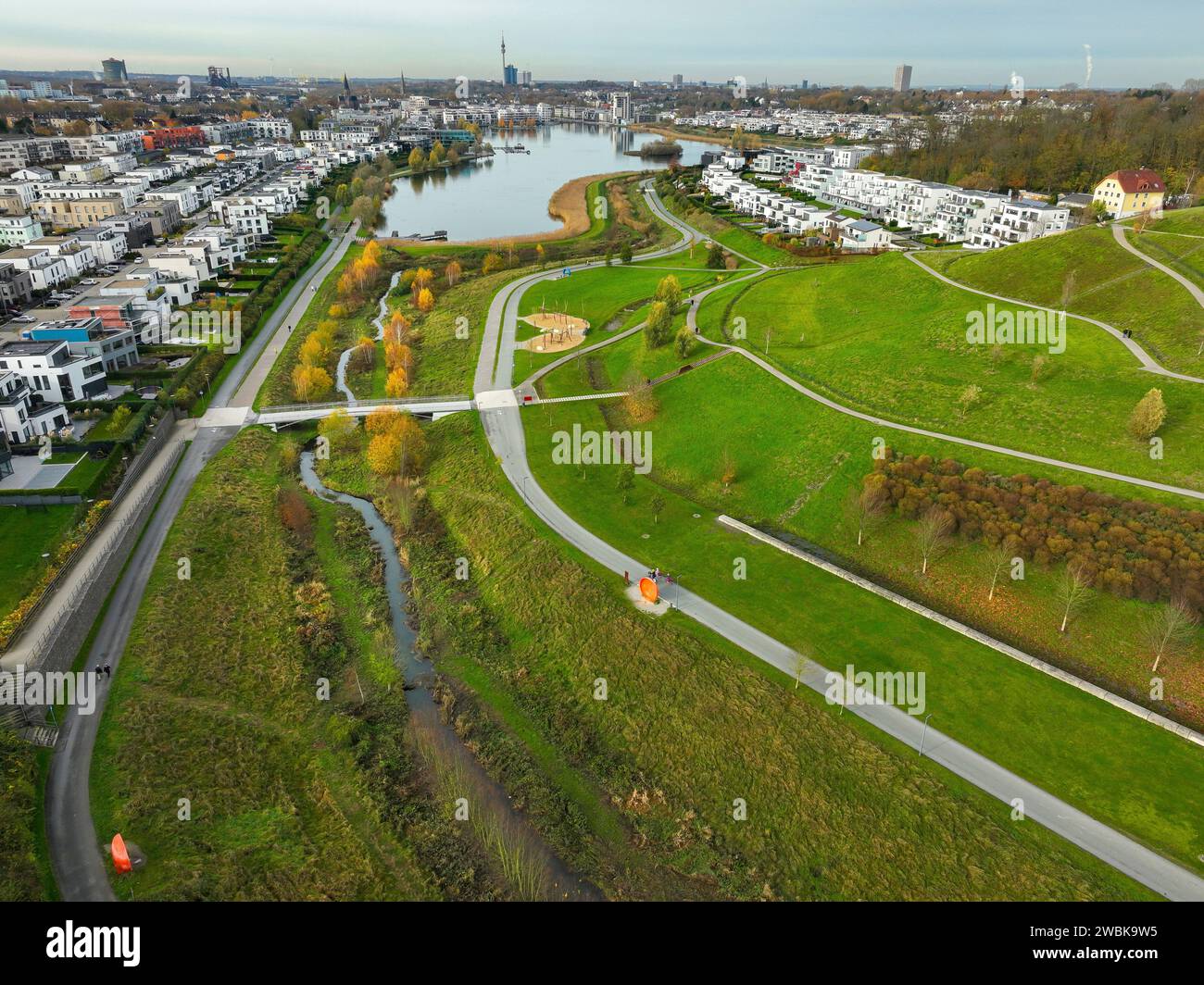 Dortmund, North Rhine-Westphalia, Germany, Phoenix Lake, pedestrian ...