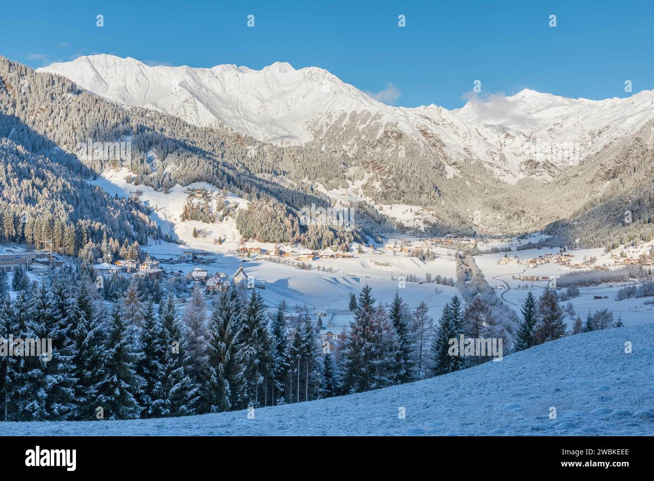 The small snow covered villages of the ridanna valley hi-res stock ...