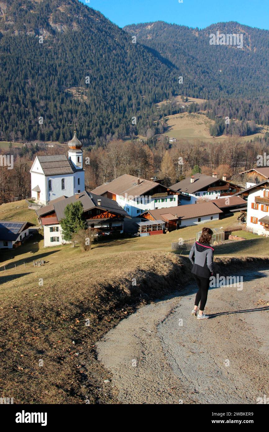 young woman, hike to the church village Wamberg, village view, district ...
