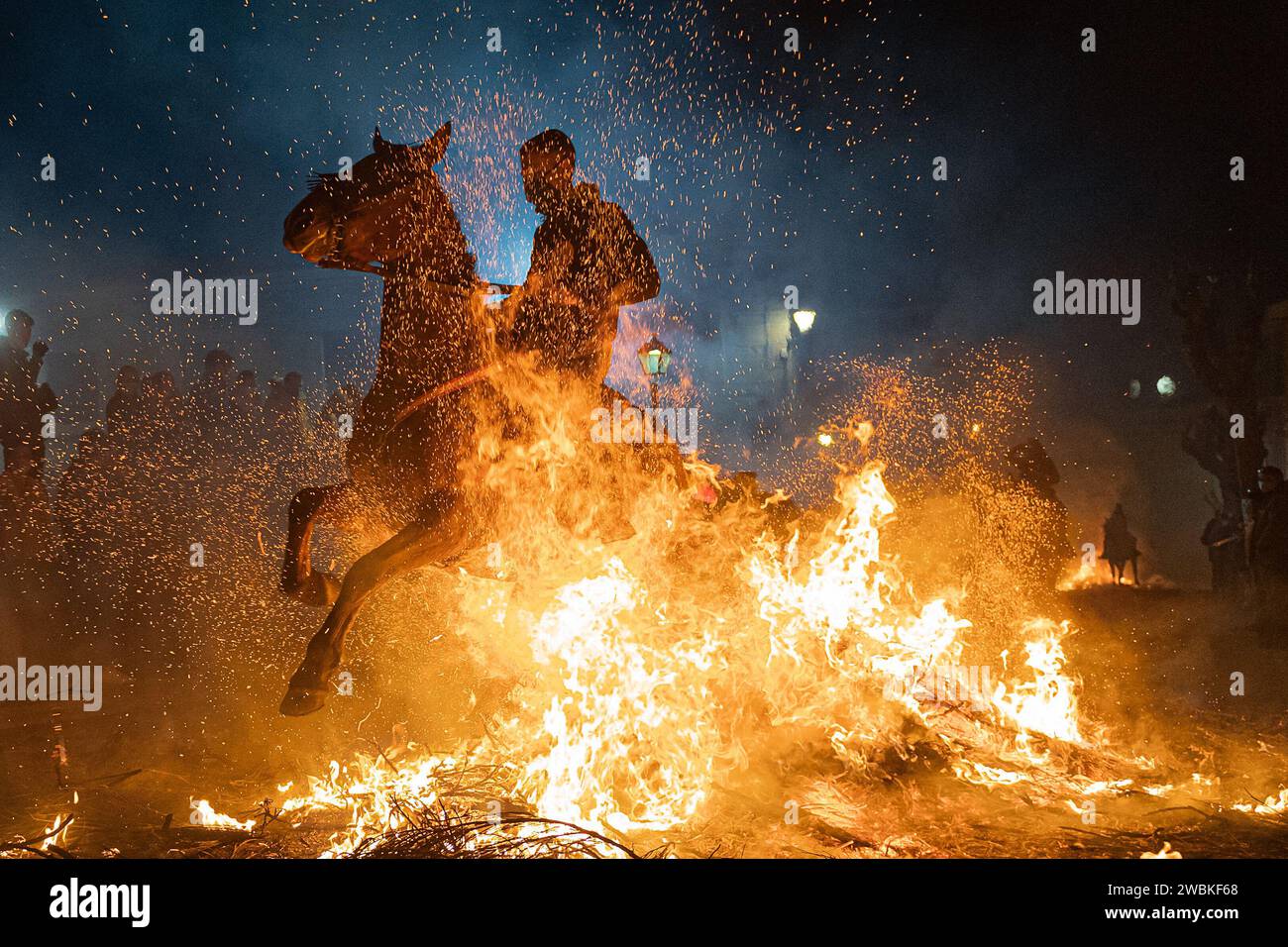 rider on his horse, next to the bonfire fire in the celebration of the ...