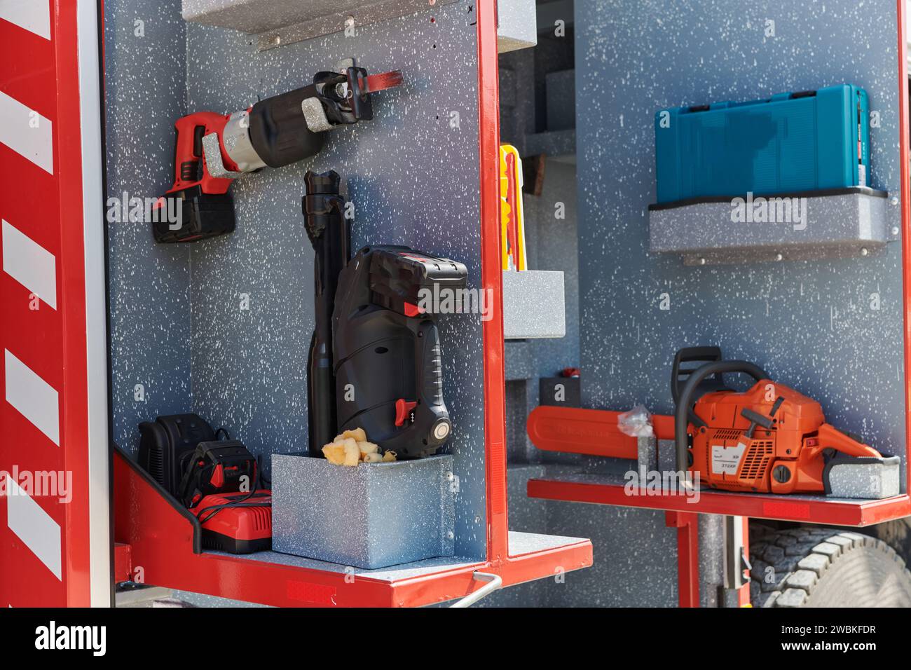 Close-up of essential firefighting equipment on a modern firetruck ...