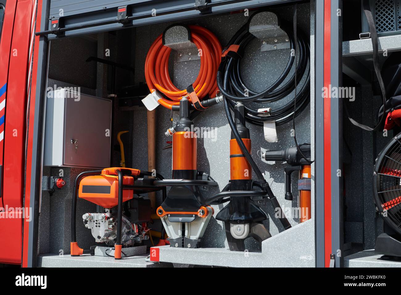 Close-up of essential firefighting equipment on a modern firetruck ...