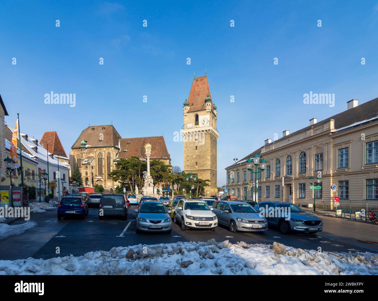 Market square with fortified tower and church in wienerwald hi-res ...