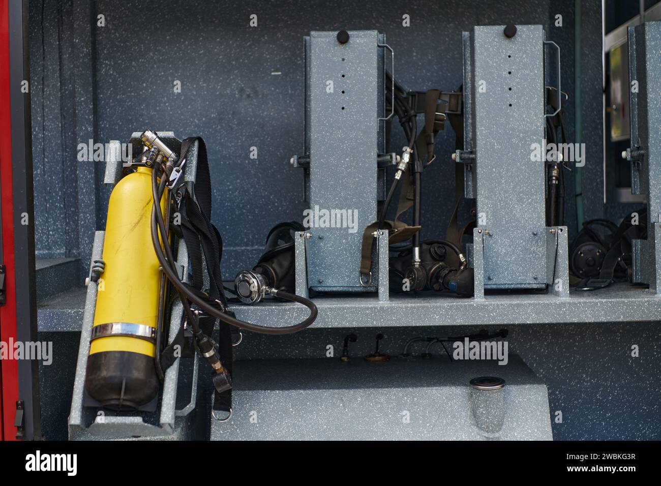 Close-up of essential firefighting equipment on a modern firetruck ...