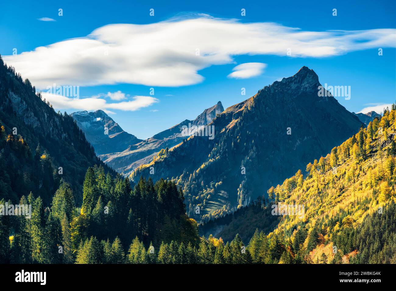 Alpine mountain landscape in fall. Forests and mountains in the ...
