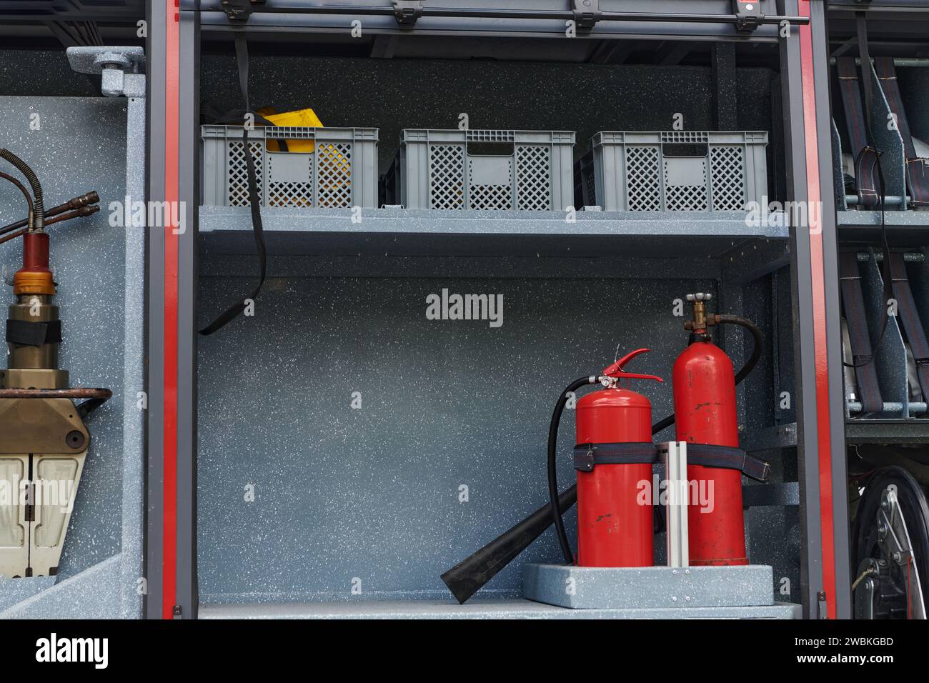 Close-up of essential firefighting equipment on a modern firetruck ...