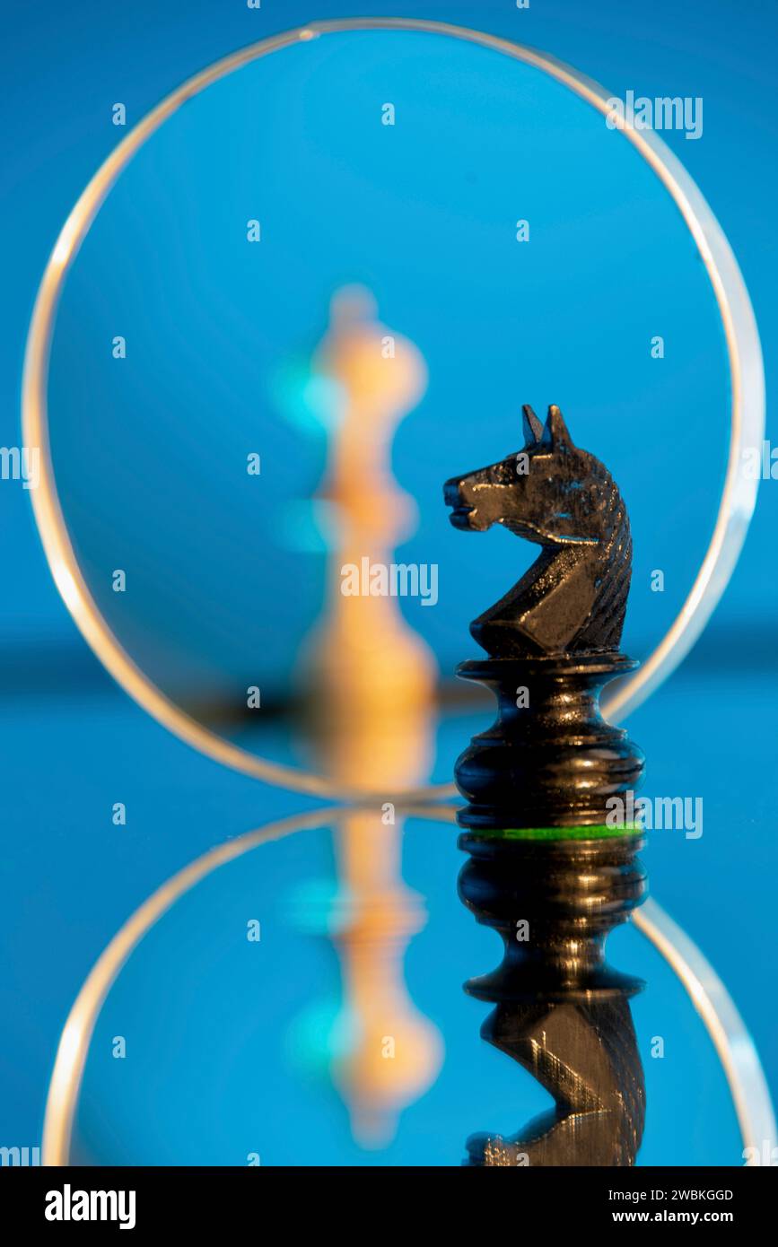 Chess pieces, king blurred in the mirror, black horse in front of it ...