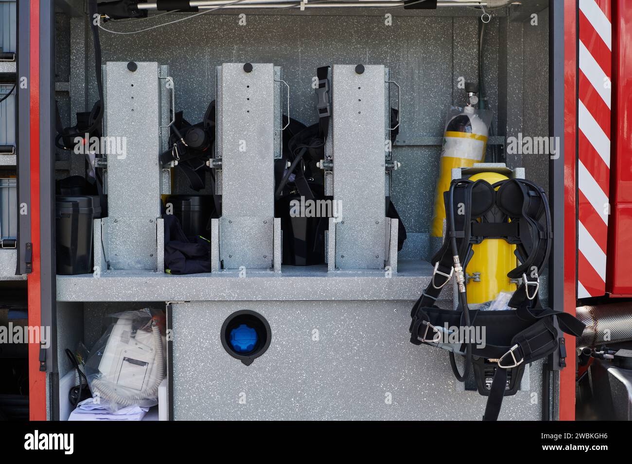 Close-up of essential firefighting equipment on a modern firetruck ...