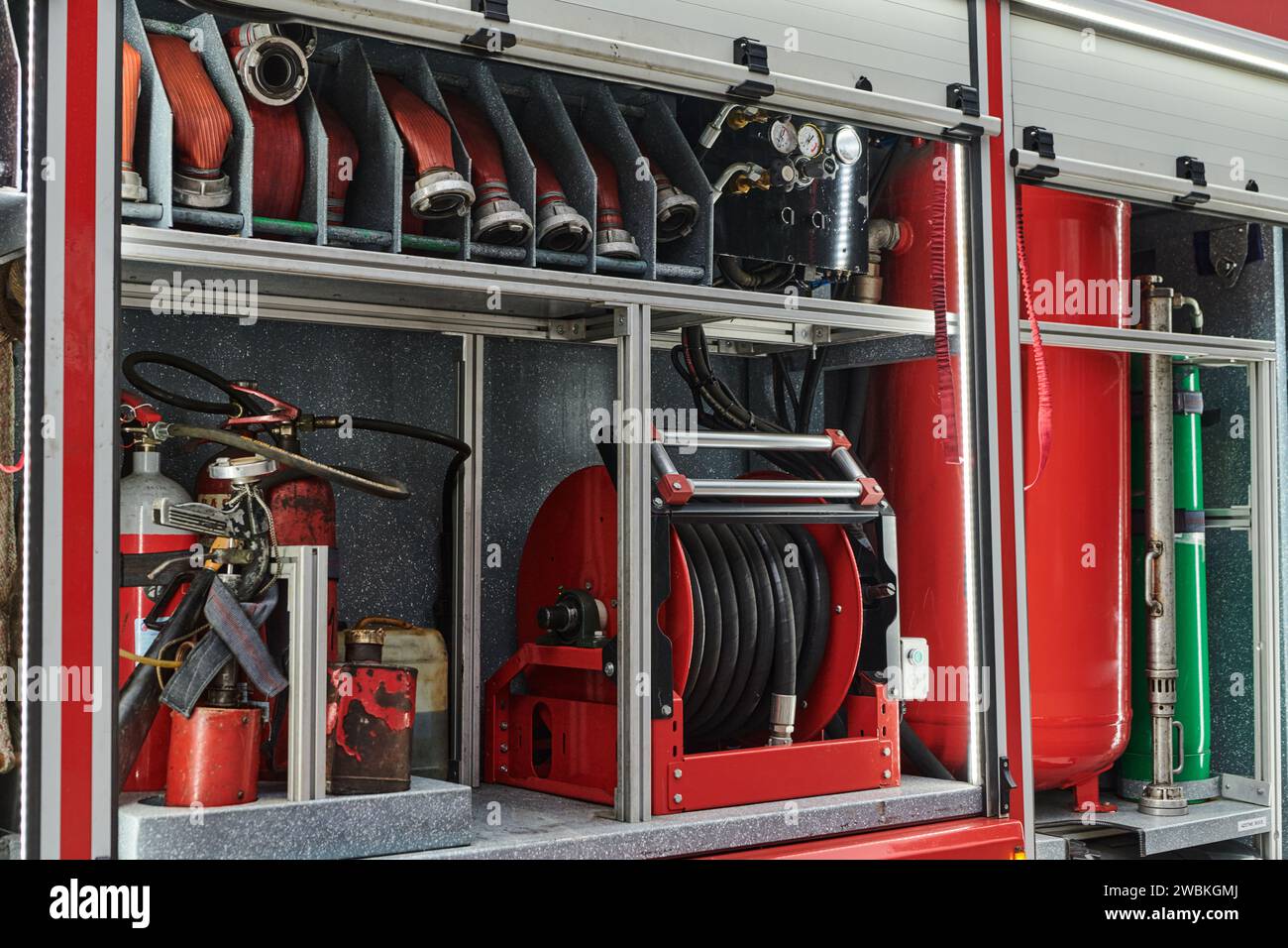 Close-up of essential firefighting equipment on a modern firetruck ...