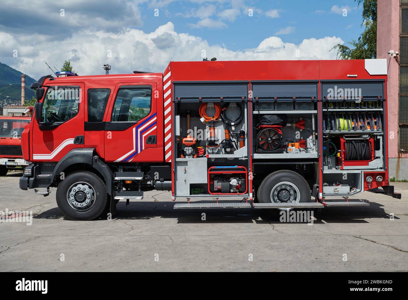 Close-up of essential firefighting equipment on a modern firetruck ...