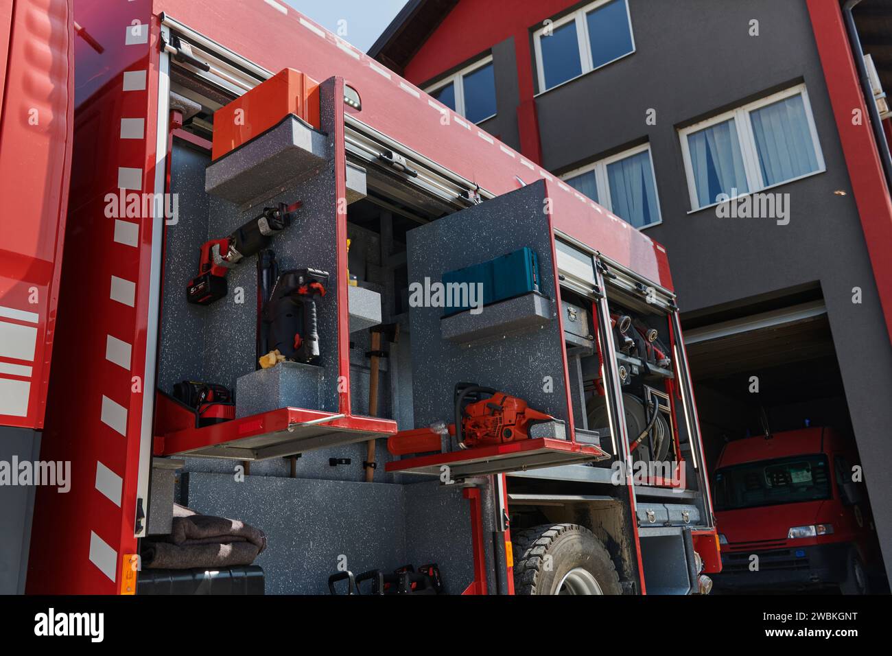 Close-up of essential firefighting equipment on a modern firetruck ...