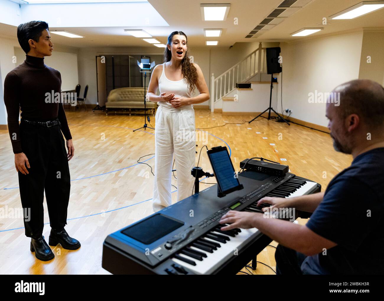 Caleb Lagayan and Jenna Dearness-Dark recording West End New Friends, Victoria Palace Theatre ...
