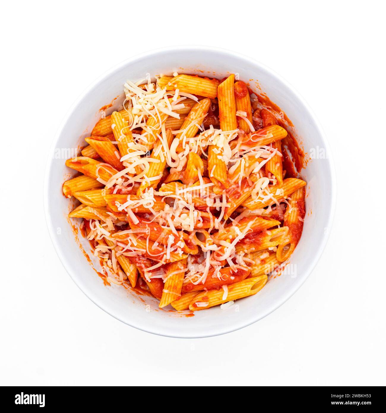 Delicious bright bowl of penne pasta with tomato sauce and cheese Stock ...