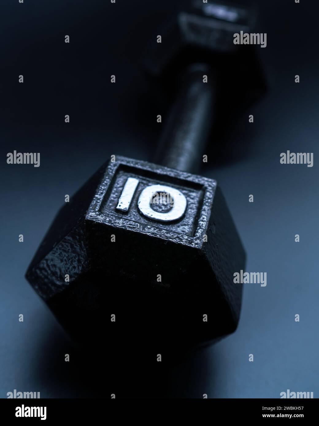 Close up of a black steel ten pound dumbbell weight with a blurred dark ...
