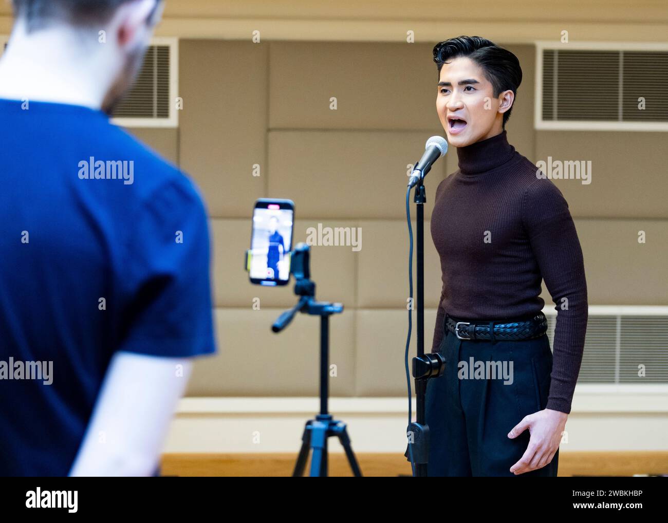 Caleb Lagayan and Jenna Dearness-Dark recording West End New Friends, Victoria Palace Theatre ...