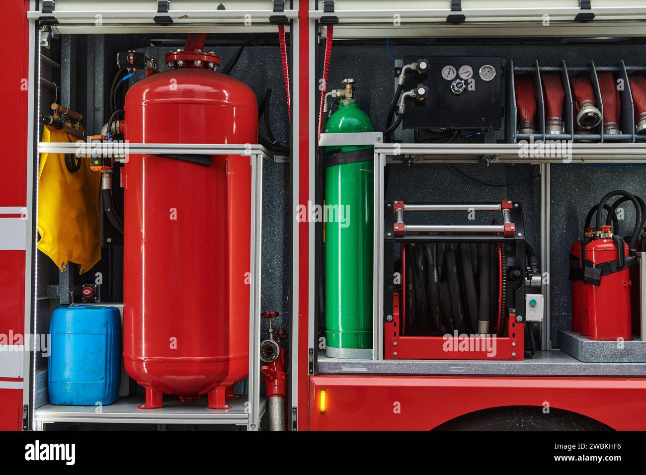 Close-up of essential firefighting equipment on a modern firetruck ...