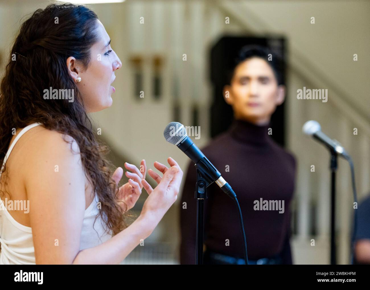 Caleb Lagayan and Jenna Dearness-Dark recording West End New Friends, Victoria Palace Theatre ...