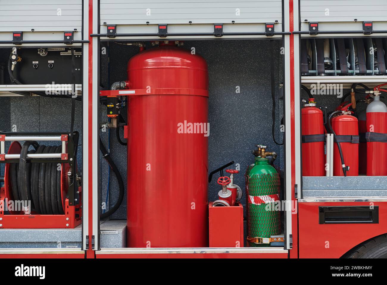 Close-up of essential firefighting equipment on a modern firetruck ...