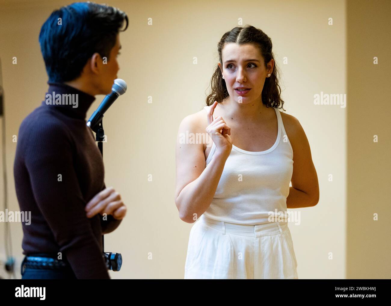 Caleb Lagayan and Jenna Dearness-Dark recording West End New Friends, Victoria Palace Theatre ...