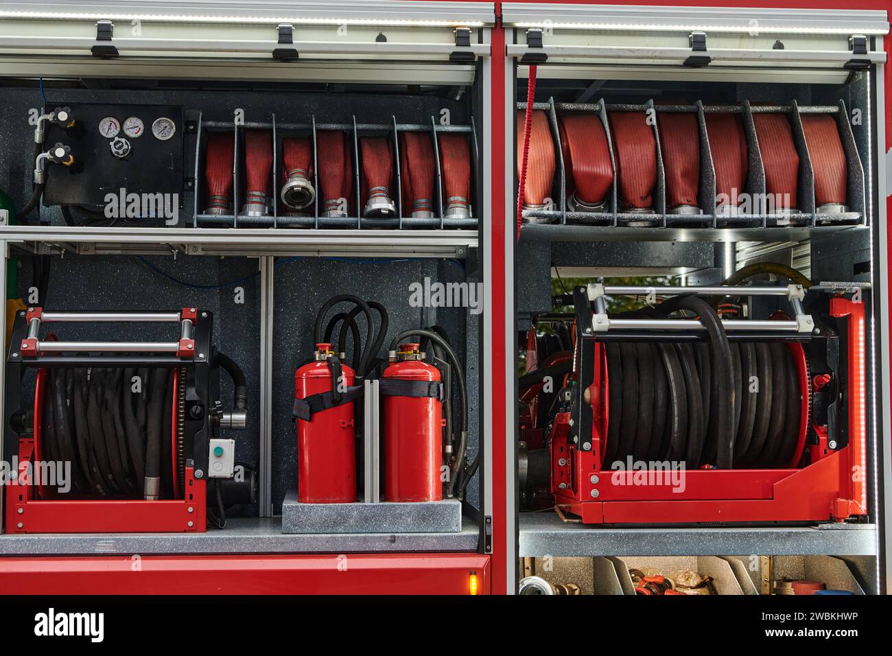 Close-up of essential firefighting equipment on a modern firetruck ...