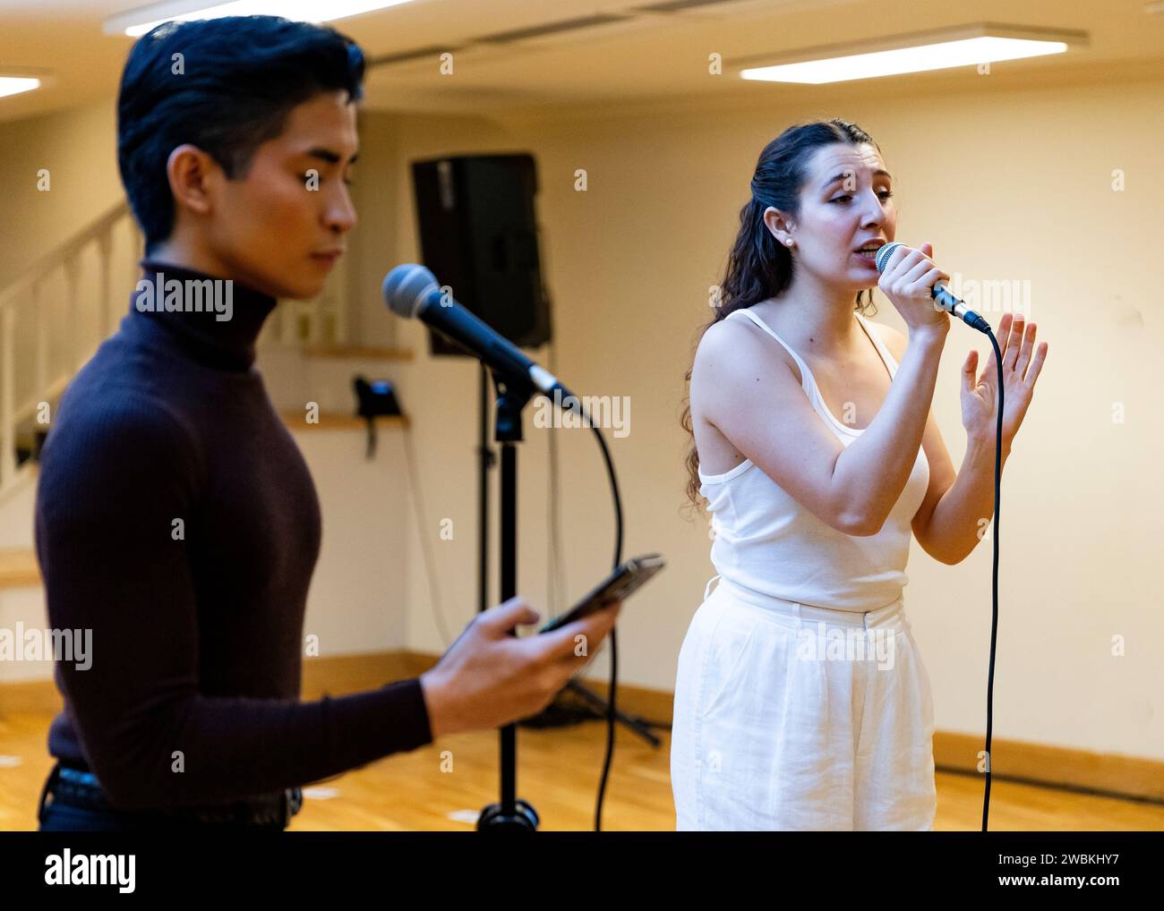 Caleb Lagayan and Jenna Dearness-Dark recording West End New Friends, Victoria Palace Theatre ...
