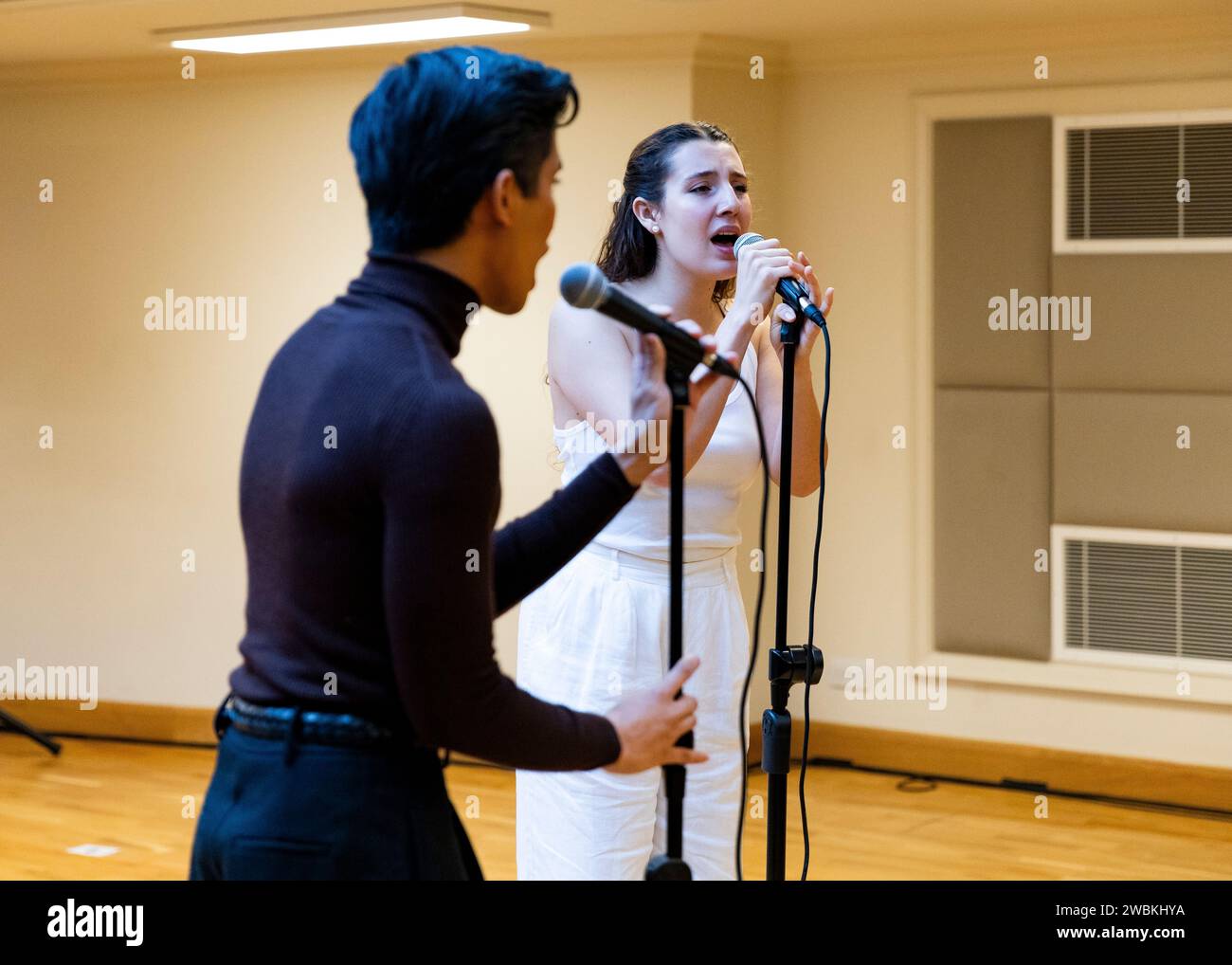 Caleb Lagayan and Jenna Dearness-Dark recording West End New Friends, Victoria Palace Theatre ...