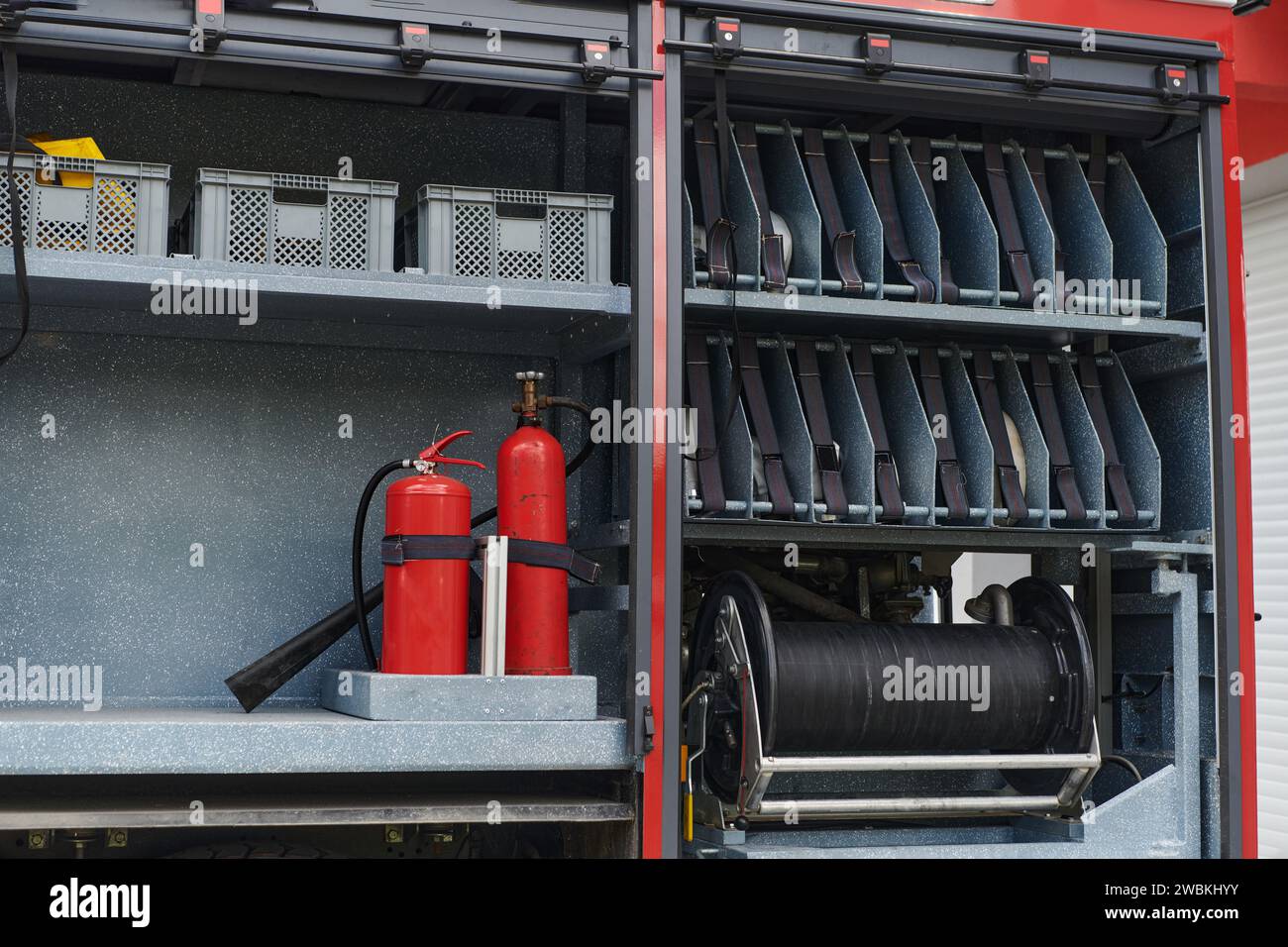 Close-up of essential firefighting equipment on a modern firetruck ...