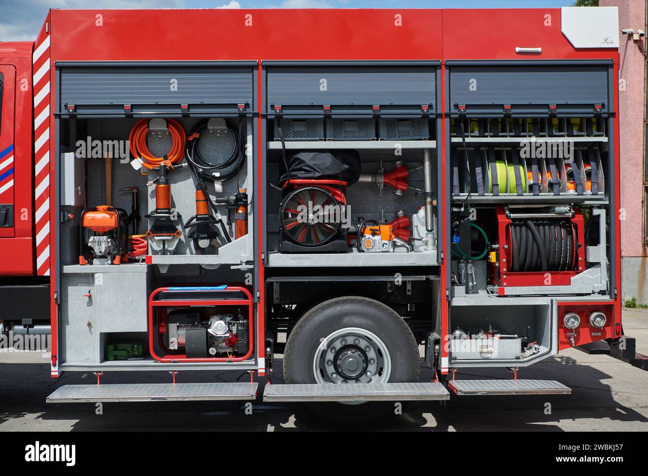 Close-up of essential firefighting equipment on a modern firetruck ...