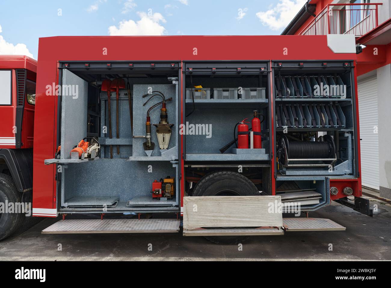 Close-up of essential firefighting equipment on a modern firetruck ...