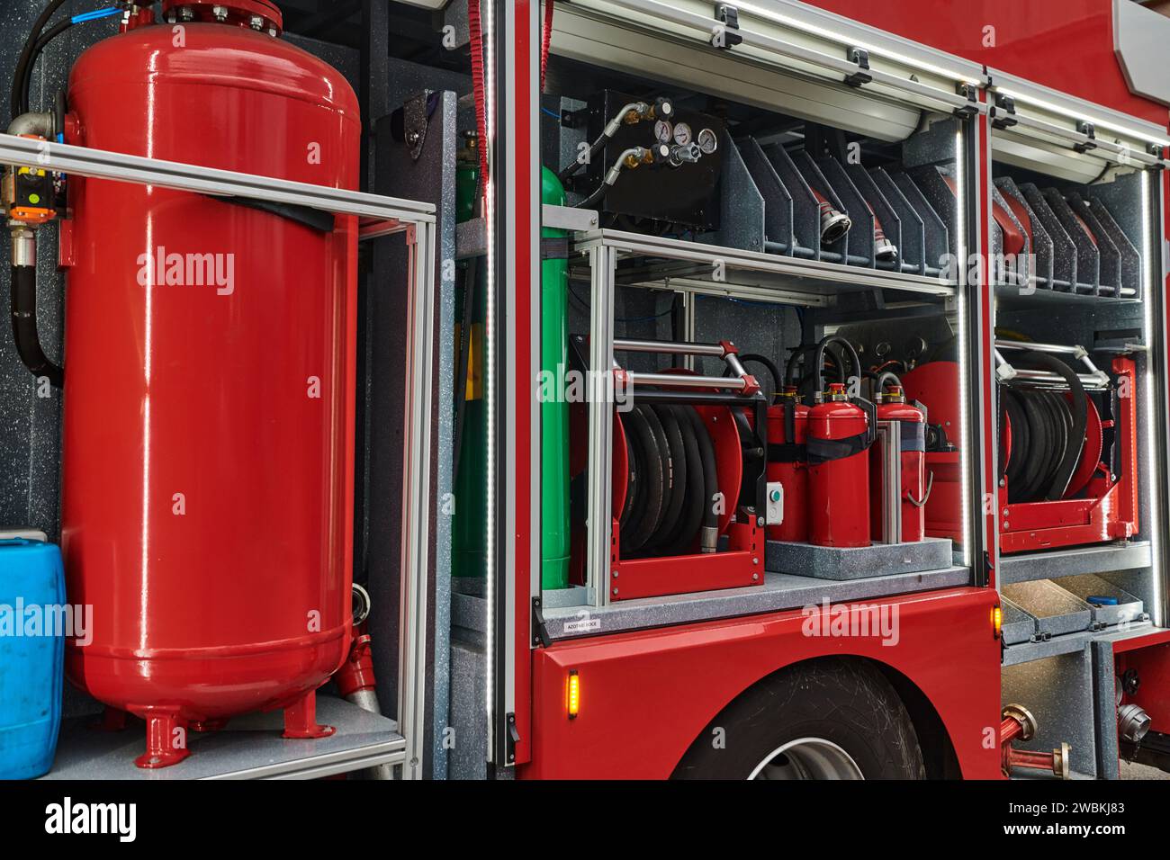 Close-up of essential firefighting equipment on a modern firetruck ...