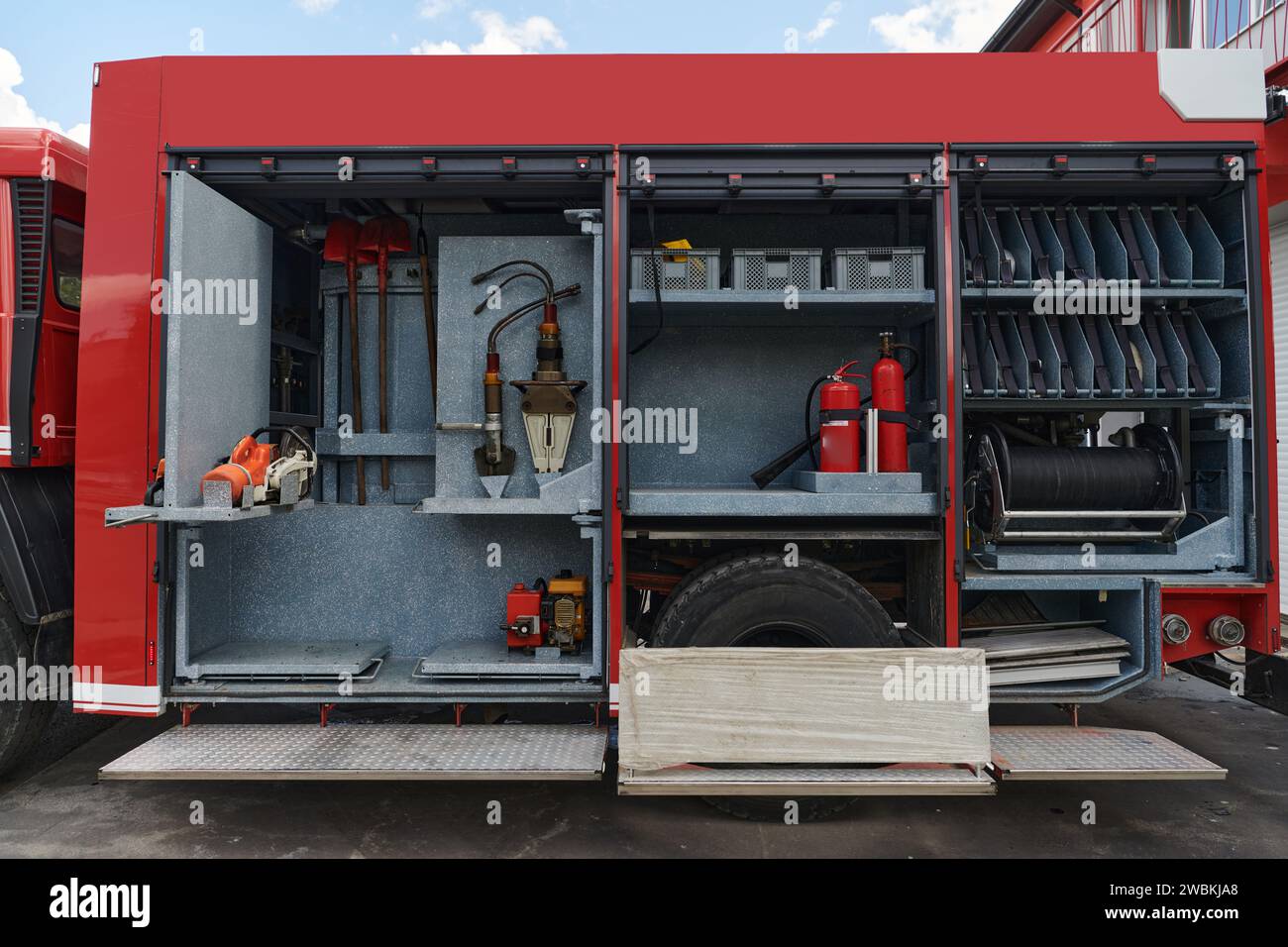 Close-up of essential firefighting equipment on a modern firetruck ...