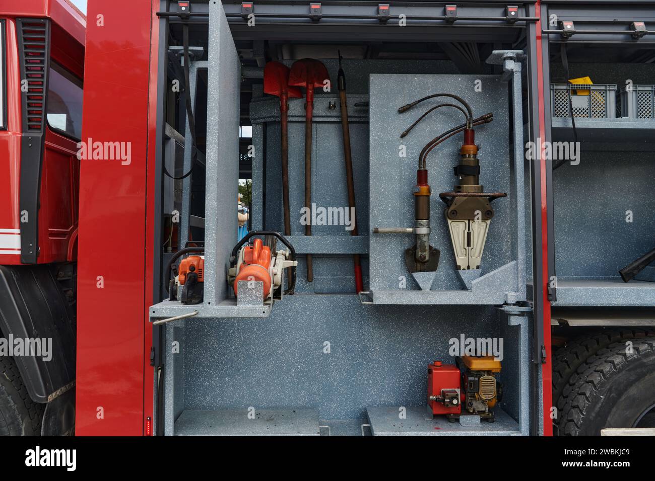 Close-up of essential firefighting equipment on a modern firetruck ...