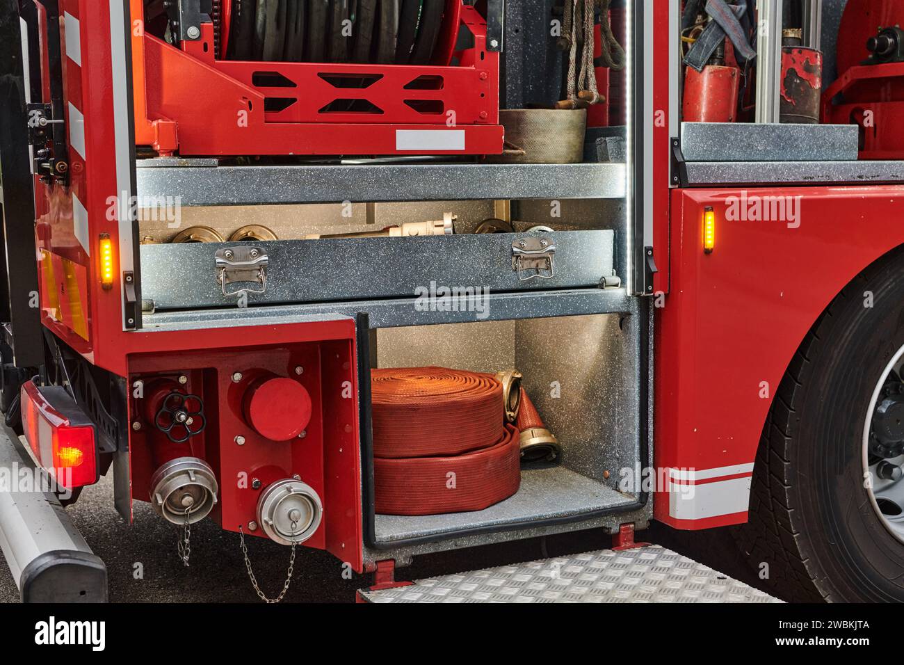 Close-up of essential firefighting equipment on a modern firetruck ...