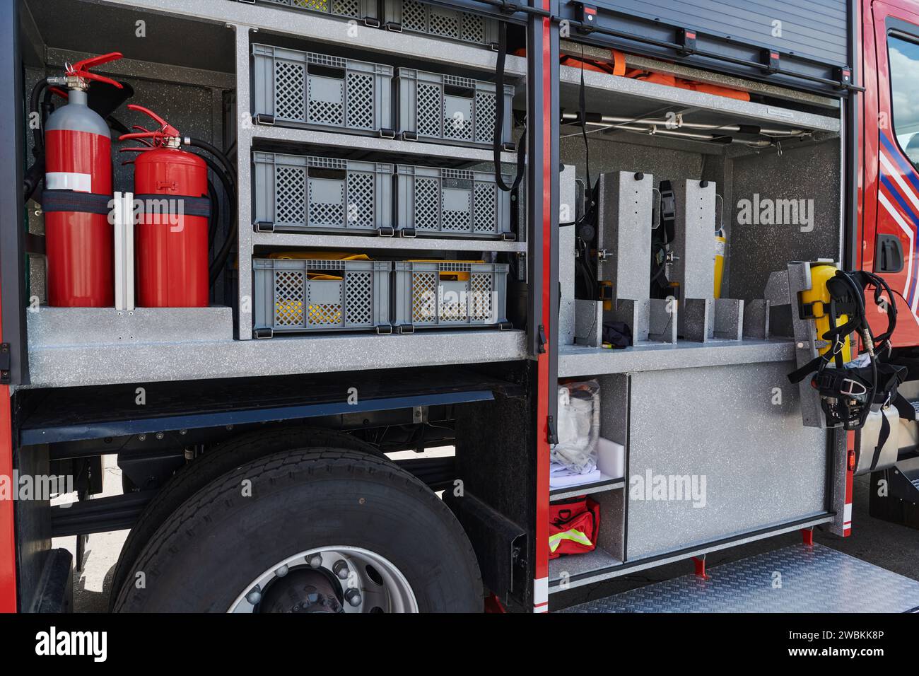 Close-up of essential firefighting equipment on a modern firetruck ...